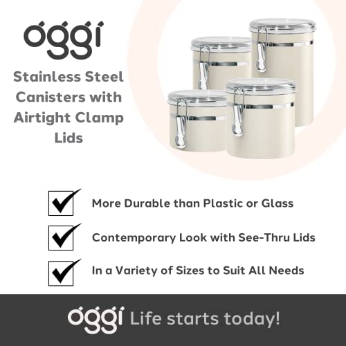 Oggi Stainless Steel Kitchen Canister 47 fl oz, Gray - Airtight Clamp Lid, Clear See-Thru Top - Ideal for Kitchen Storage, Food Storage, Pantry Storage. Large Size 5" x 6".