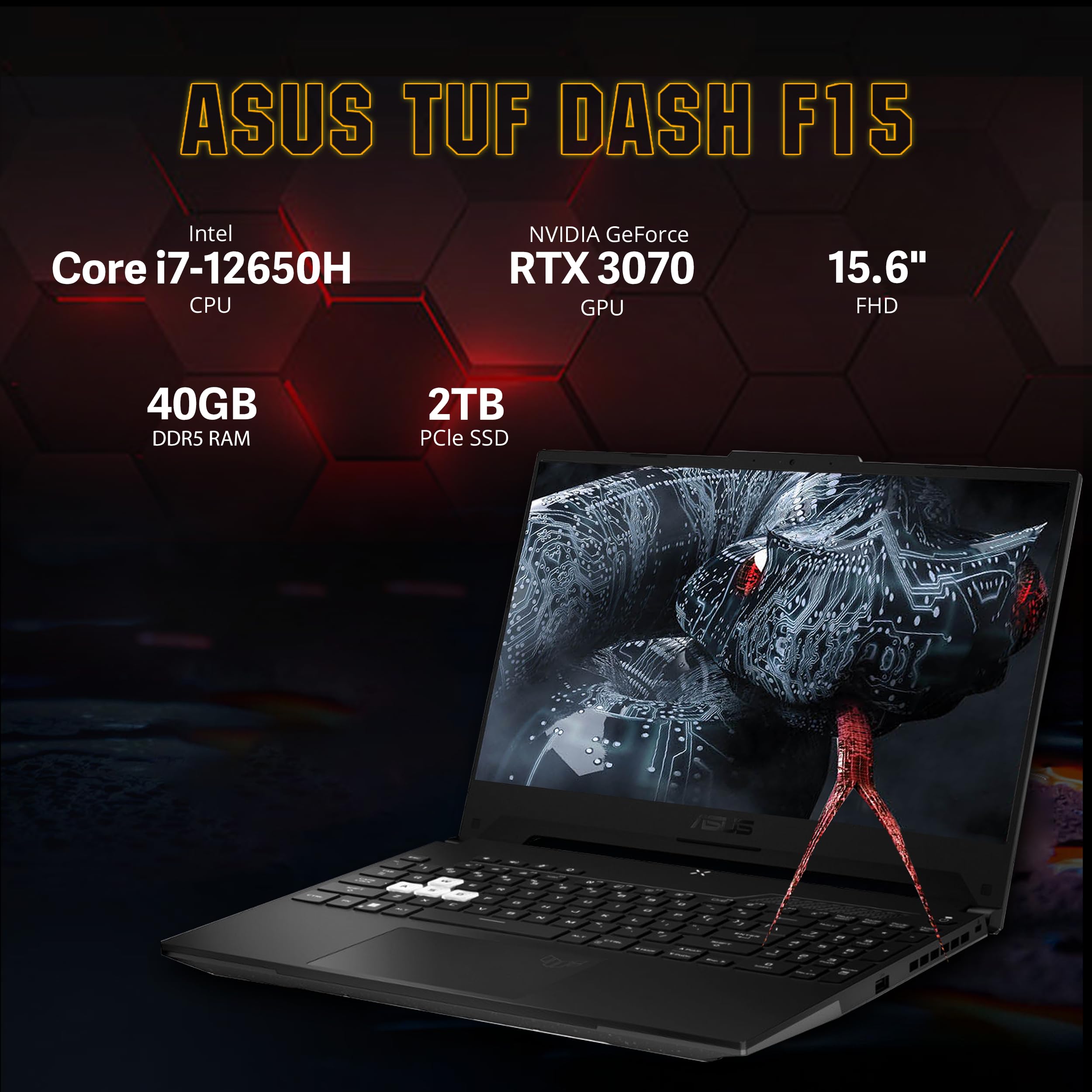 ASUS TUF Dash 15.6" 144Hz Gaming Laptop, Intel 12th Core i7-12650H, 40GB DDR5 RAM, 2TB PCIe SSD, NVIDIA GeForce RTX 3070 Graphics 8GB, Backlit Keyboard, Windows 11, Black, 32GB Hotface USB Card