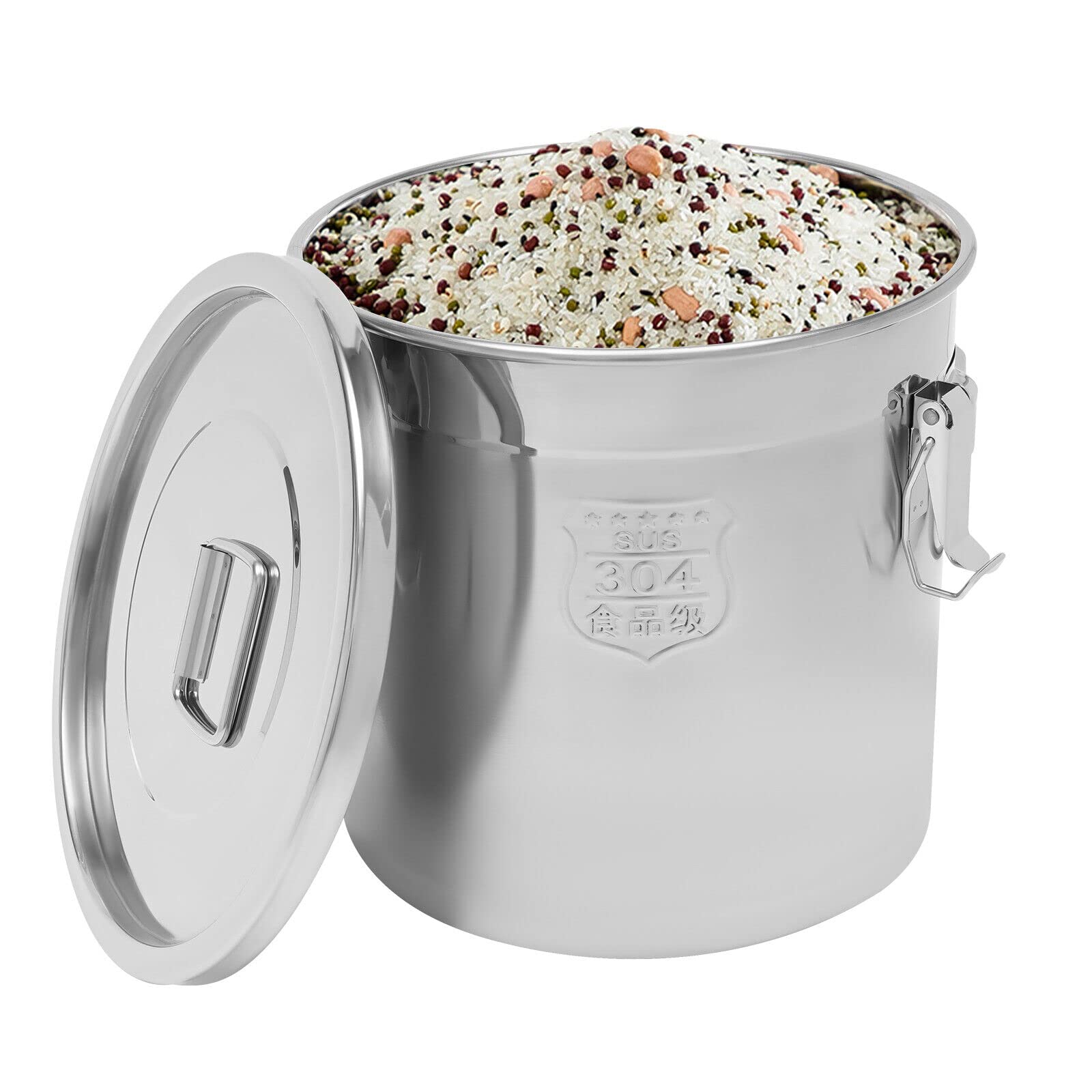 KONKENIE 21L Stainless Steel Airtight Canister Rice Cereal Grain Canisters Container Food Oil Sugar Milk Storage Bucket w/Handles+Lid Cylinder Jar for Household Kitchen Bar Restaurants Silver (21L)