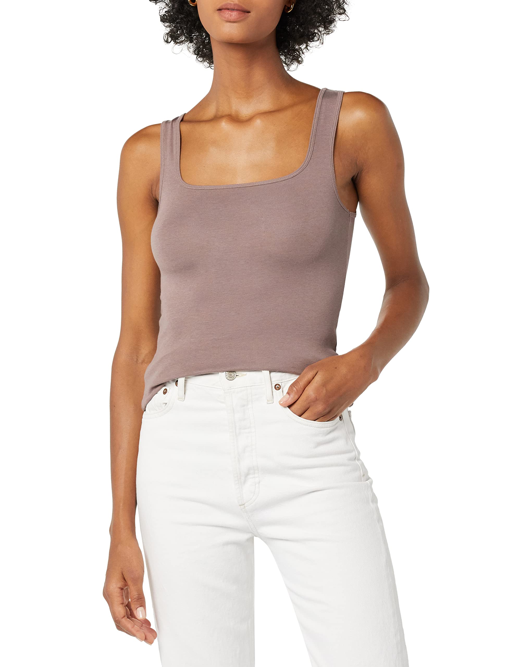 Amazon Essentials Women's Slim Fit Square Neck Tank, Pack of 2, Light Beige/Dark Taupe, Large