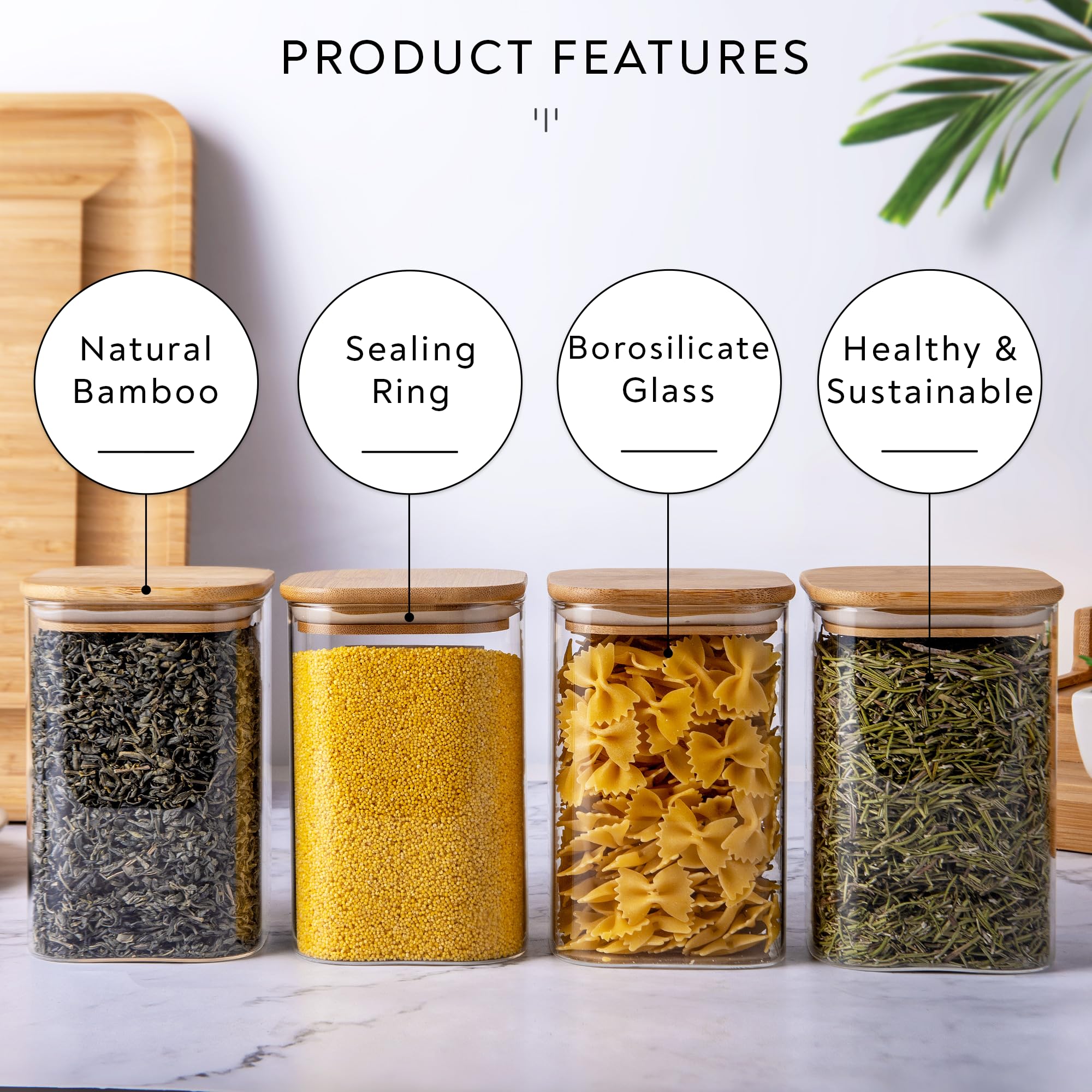 Laramaid Glass Jar Set (3x22oz/1x35oz/1x40oz/1x71oz) Set of 6 with Minimalist Pantry Labels, Square Canister Jars with Bamboo Lids and Customized Sticker Labels