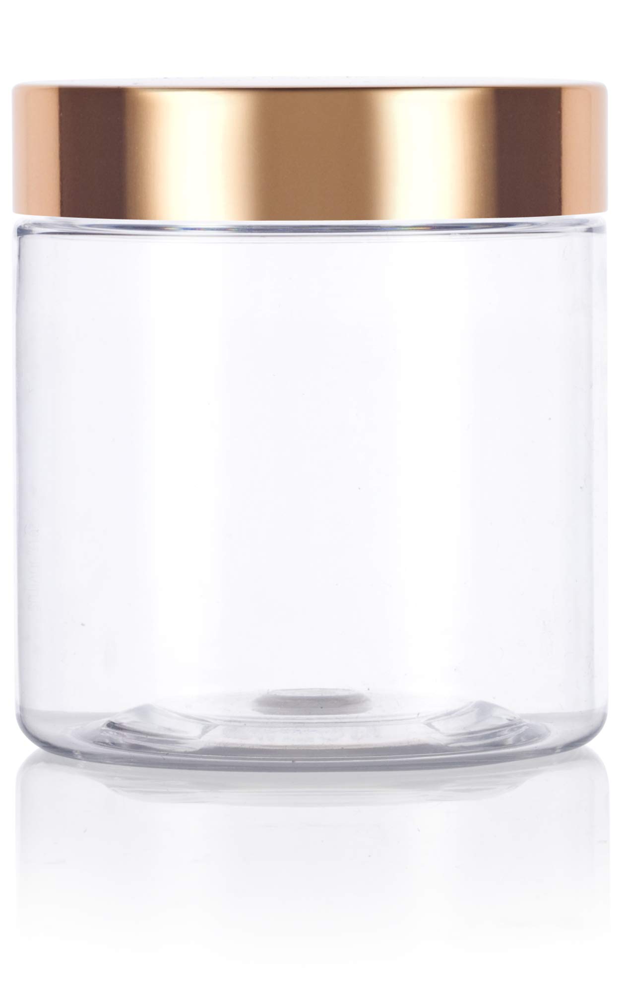 8 oz / 240 ml Clear PET Plastic Refillable Jar with Luxury Gold Metal Overshell Lid (6 Pack)