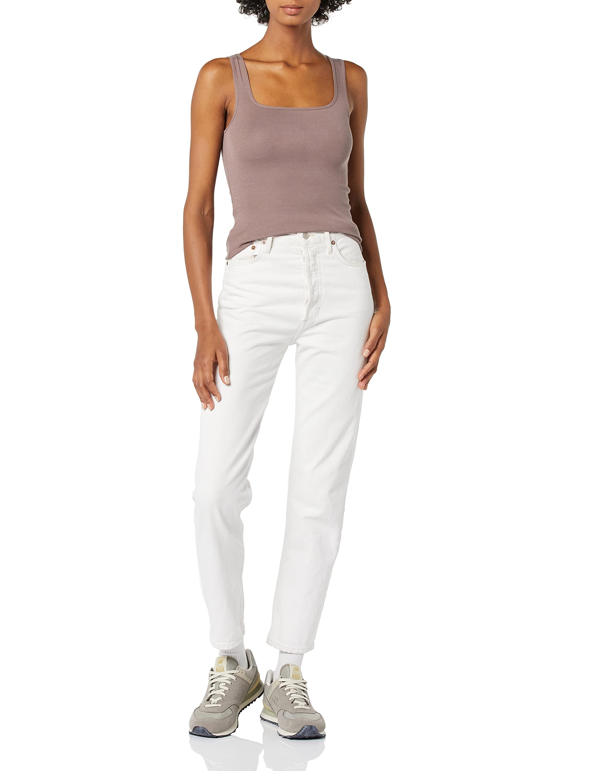 Amazon Essentials Women's Slim Fit Square Neck Tank, Pack of 2, Light Beige/Dark Taupe, Large