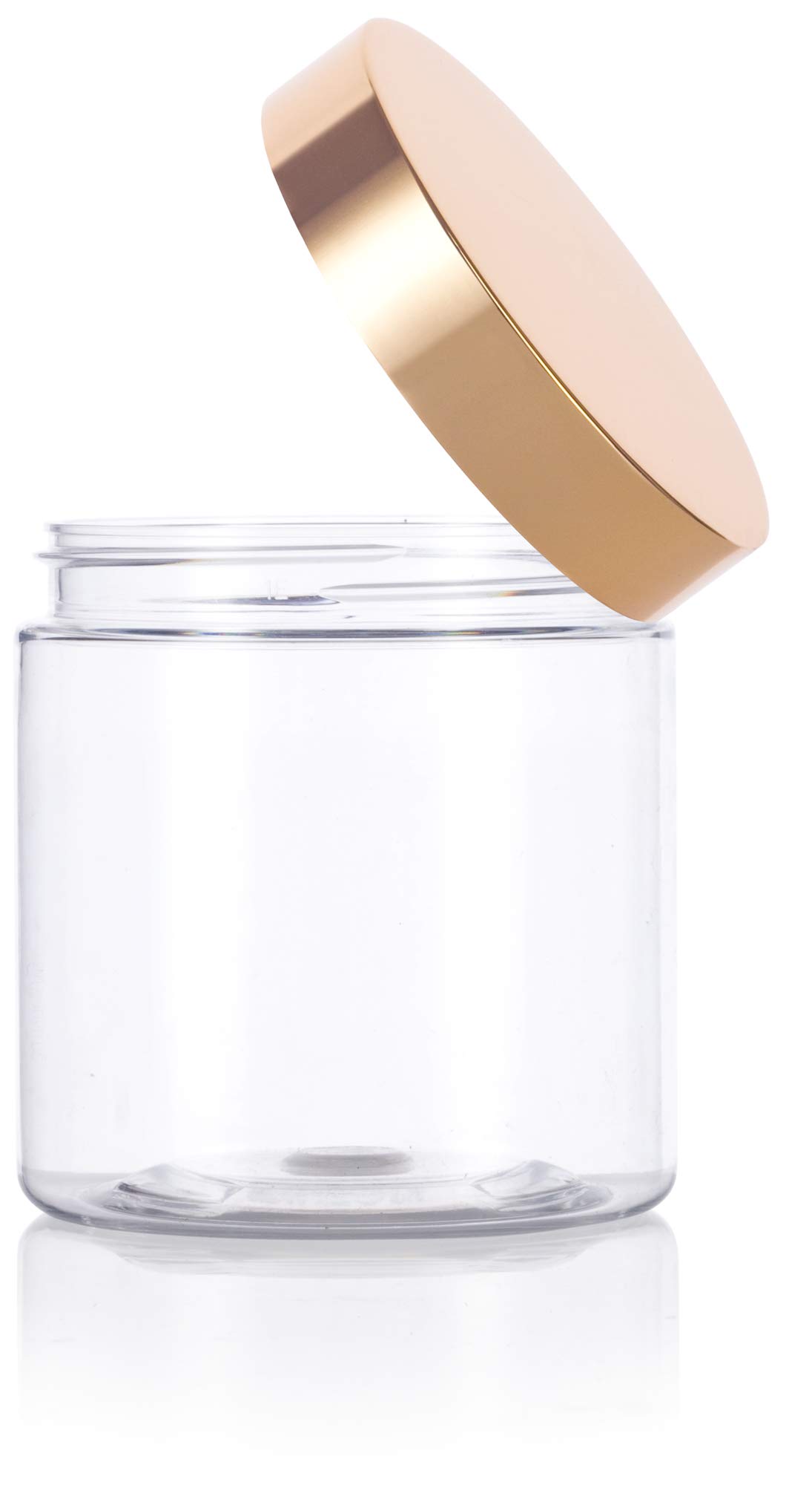 8 oz / 240 ml Clear PET Plastic Refillable Jar with Luxury Gold Metal Overshell Lid (6 Pack)