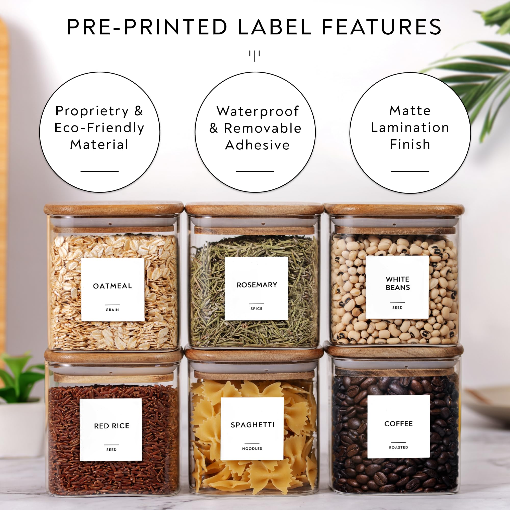 Laramaid Glass Jar Set (3x22oz/1x35oz/1x40oz/1x71oz) Set of 6 with Minimalist Pantry Labels, Square Canister Jars with Bamboo Lids and Customized Sticker Labels