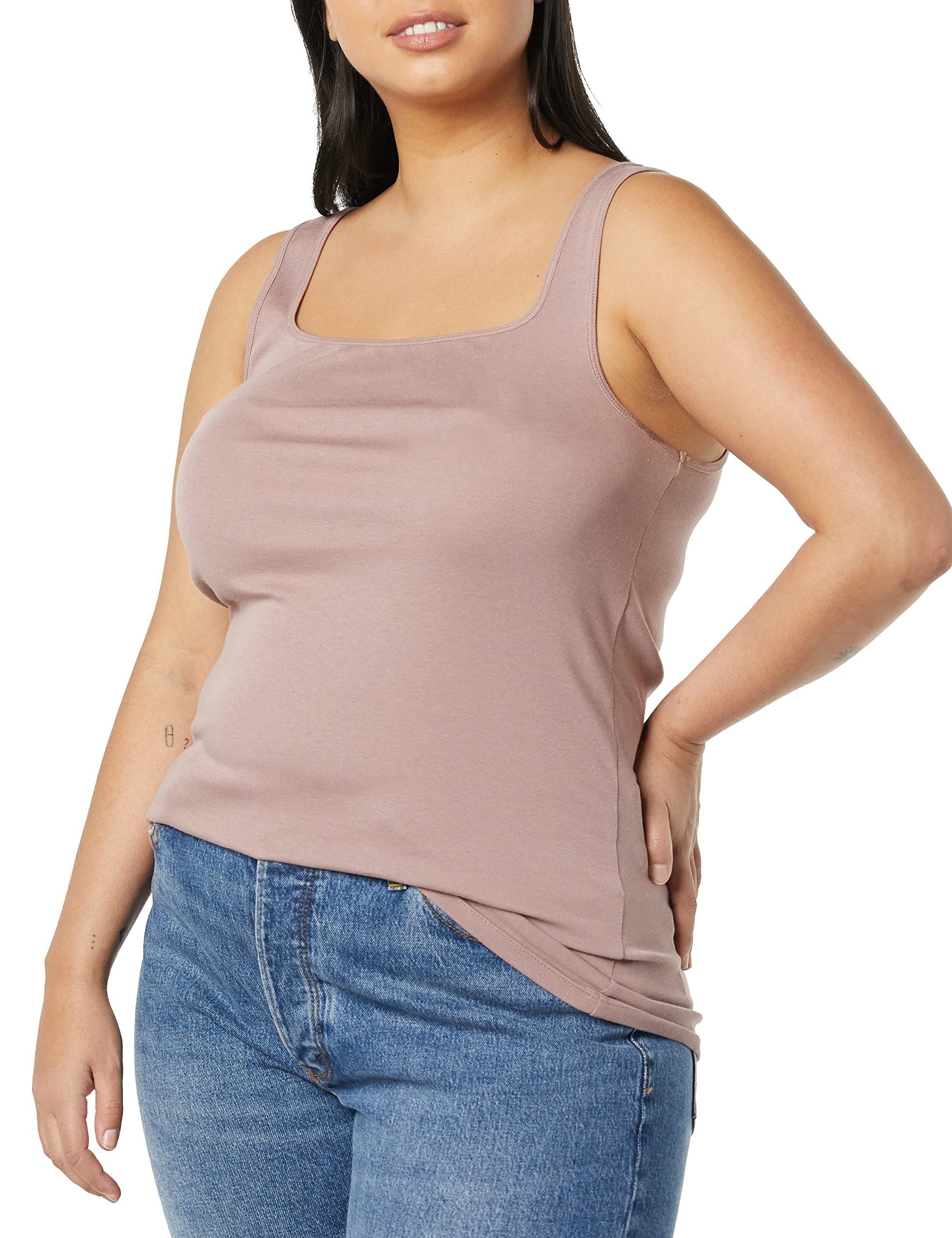 Amazon Essentials Women's Slim Fit Square Neck Tank, Pack of 2, Light Beige/Dark Taupe, Large