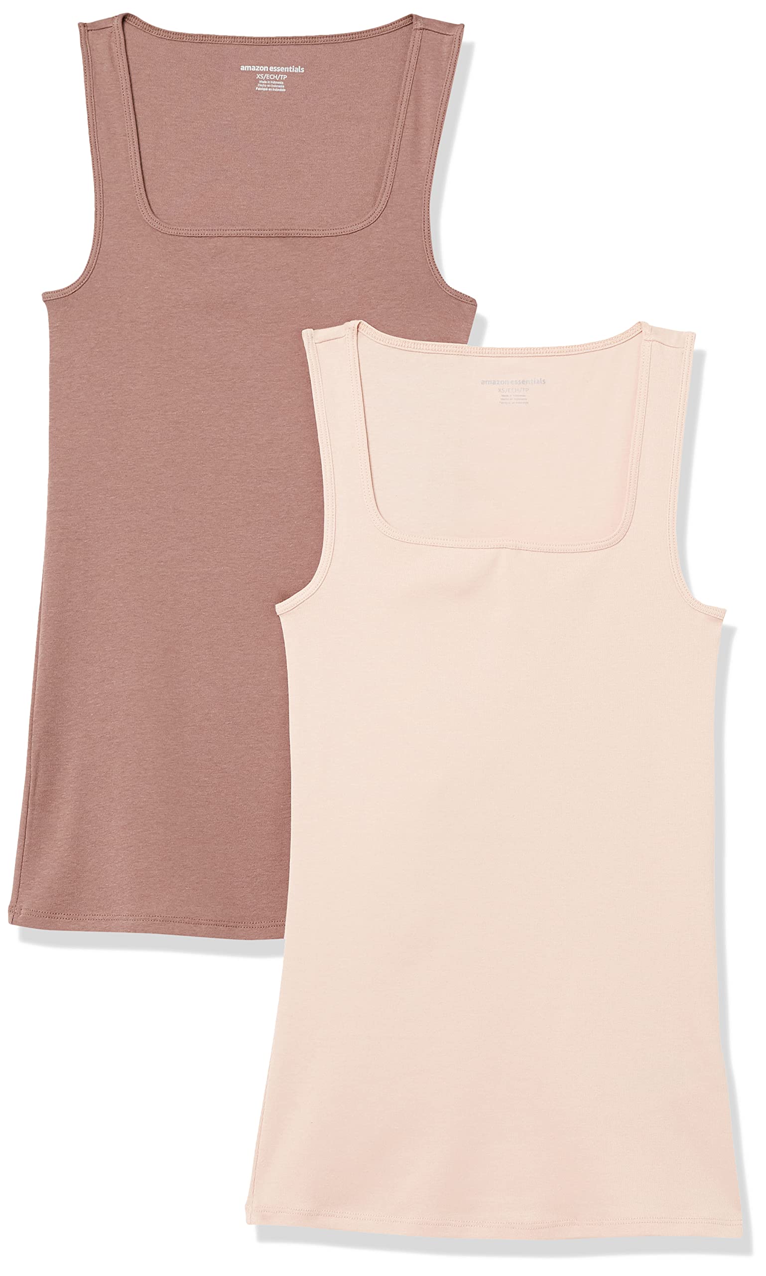 Amazon Essentials Women's Slim Fit Square Neck Tank, Pack of 2, Light Beige/Dark Taupe, Large
