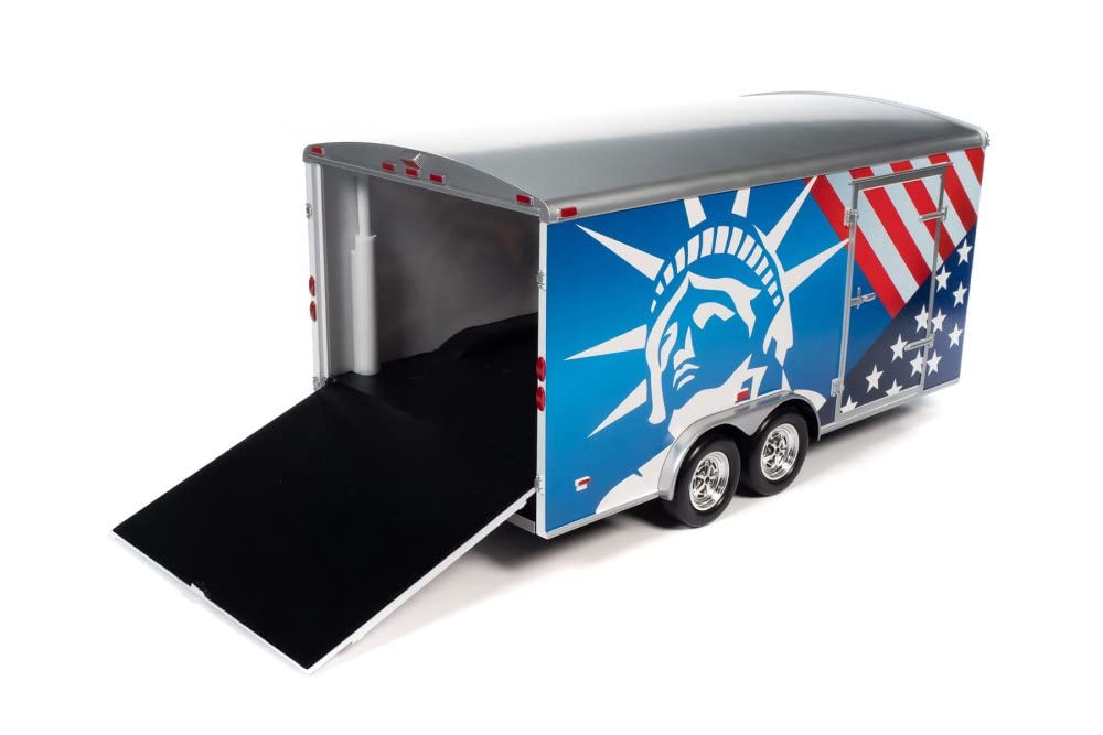 ModelToyCars Four Wheel Enclosed Trailer,Red,White and Blue Acme AMM1284 1/18 Scale Diecast Model Replica
