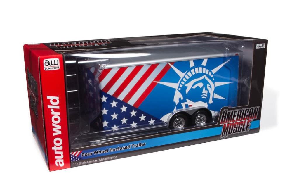 ModelToyCars Four Wheel Enclosed Trailer,Red,White and Blue Acme AMM1284 1/18 Scale Diecast Model Replica