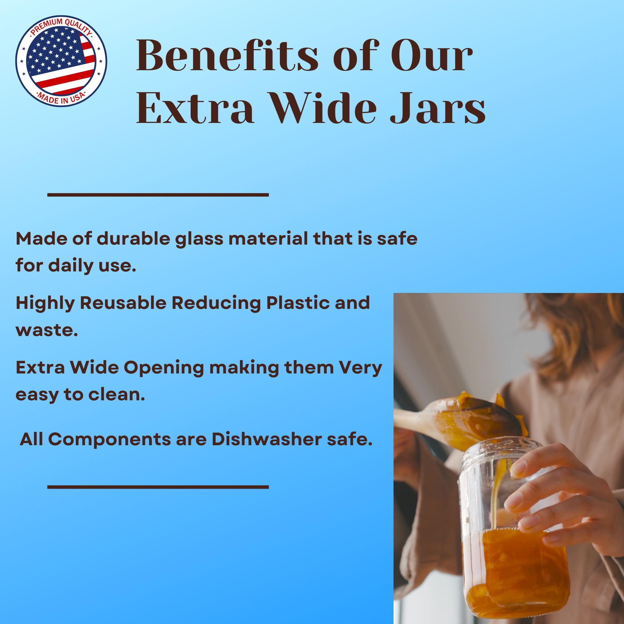 Mason Jars 32 oz Jars with Extra Wide Mouth Lids - Set of 2 Glass Storage Jars With Lids, BPA Free and Food Safe, Yogurt Jars With Lids, (2 Black Dome Plastic Lids)