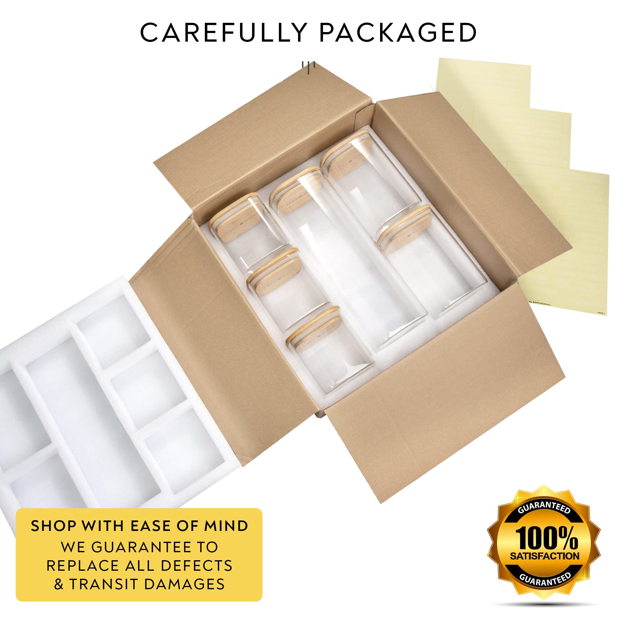 Laramaid Glass Jar Set (3x22oz/1x35oz/1x40oz/1x71oz) Set of 6 with Minimalist Pantry Labels, Square Canister Jars with Bamboo Lids and Customized Sticker Labels