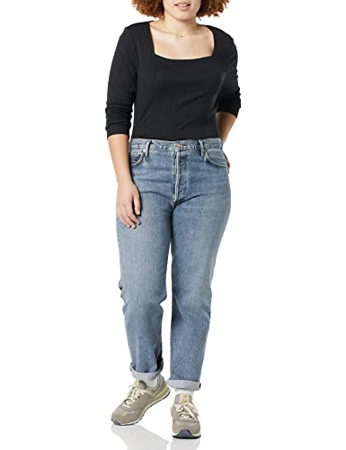 Amazon Essentials Women's Slim-Fit Long Sleeve Square Neck T-Shirt, Black, Small