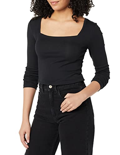Amazon Essentials Women's Slim-Fit Long Sleeve Square Neck T-Shirt, Black, Small