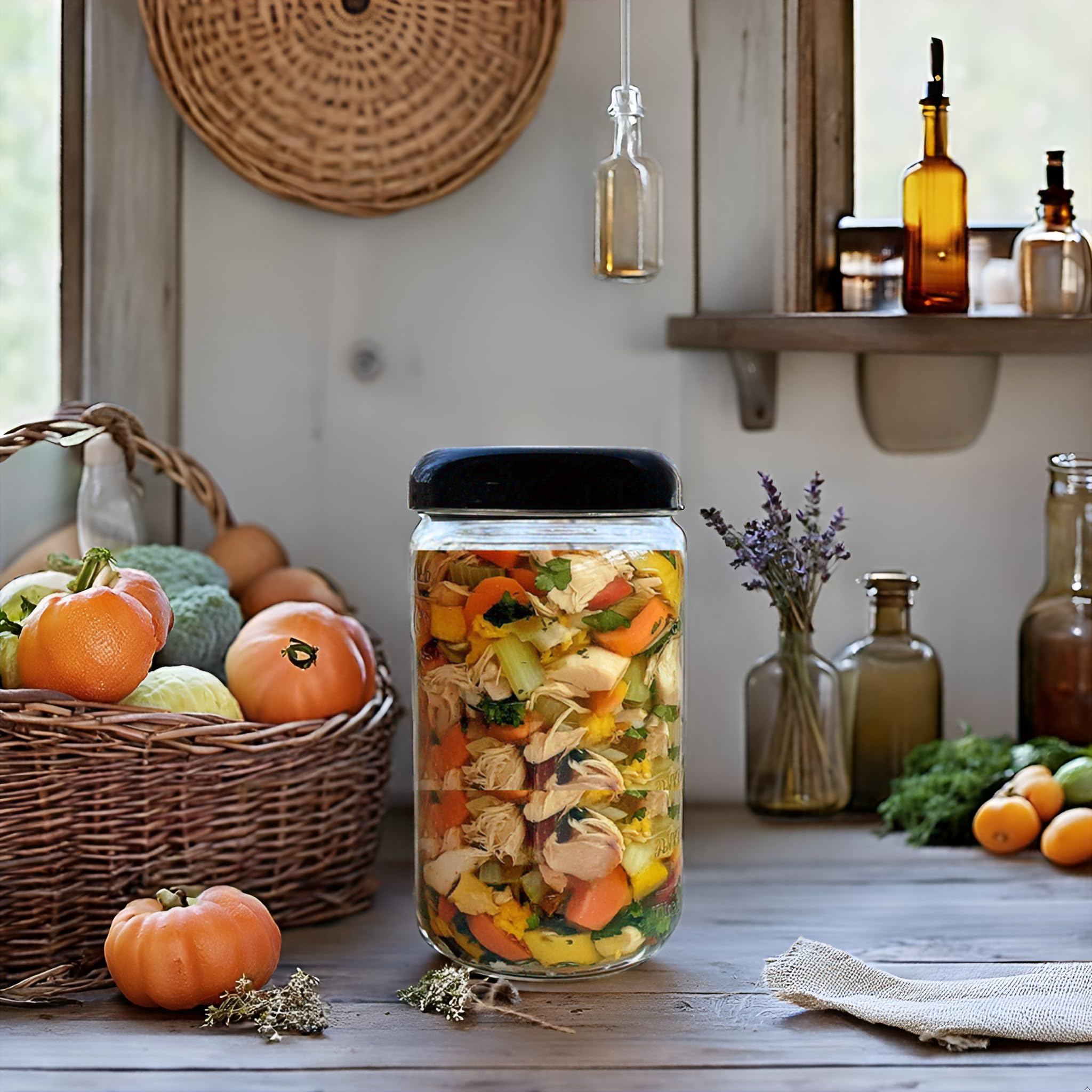 Mason Jars 32 oz Jars with Extra Wide Mouth Lids - Set of 2 Glass Storage Jars With Lids, BPA Free and Food Safe, Yogurt Jars With Lids, (2 Black Dome Plastic Lids)