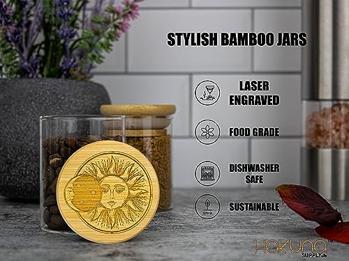Sun and Moon 60ML Glass Food Storage Container and Decorative Engraved Air Tight Bamboo Lids Multi-Use Jar Herbs, Coffee, Tea, Sugar, Candy Apothecary Accessories for The Bedroom Kitchen Pantry