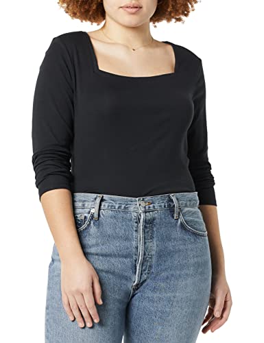 Amazon Essentials Women's Slim-Fit Long Sleeve Square Neck T-Shirt, Black, Small