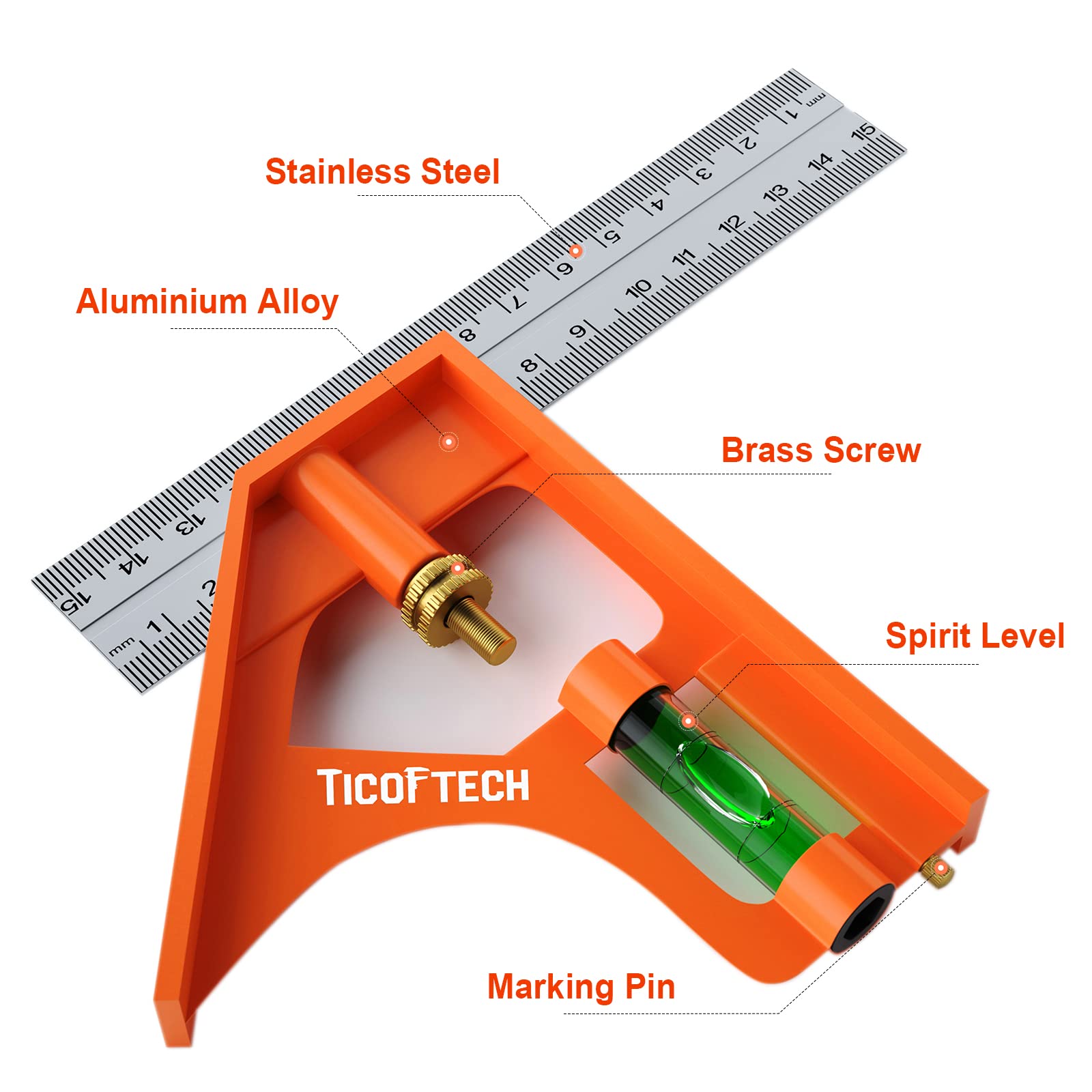 TICOFTECH Combination Square, 6 Inch/150mm, Set Square, Stainless Steel Ruler, Protractor Level Measure Measuring Set with Carpenter Pencils