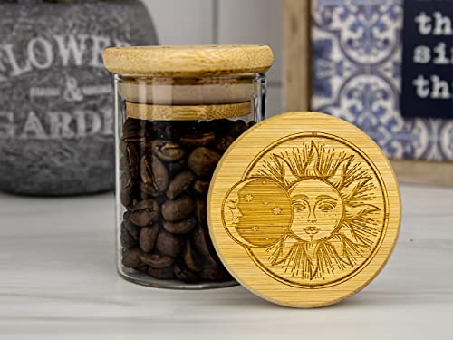 Sun and Moon 60ML Glass Food Storage Container and Decorative Engraved Air Tight Bamboo Lids Multi-Use Jar Herbs, Coffee, Tea, Sugar, Candy Apothecary Accessories for The Bedroom Kitchen Pantry