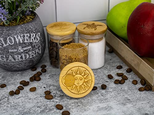 Sun and Moon 60ML Glass Food Storage Container and Decorative Engraved Air Tight Bamboo Lids Multi-Use Jar Herbs, Coffee, Tea, Sugar, Candy Apothecary Accessories for The Bedroom Kitchen Pantry