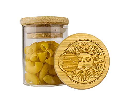 Sun and Moon 60ML Glass Food Storage Container and Decorative Engraved Air Tight Bamboo Lids Multi-Use Jar Herbs, Coffee, Tea, Sugar, Candy Apothecary Accessories for The Bedroom Kitchen Pantry