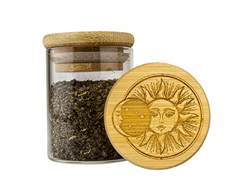 Sun and Moon 60ML Glass Food Storage Container and Decorative Engraved Air Tight Bamboo Lids Multi-Use Jar Herbs, Coffee, Tea, Sugar, Candy Apothecary Accessories for The Bedroom Kitchen Pantry