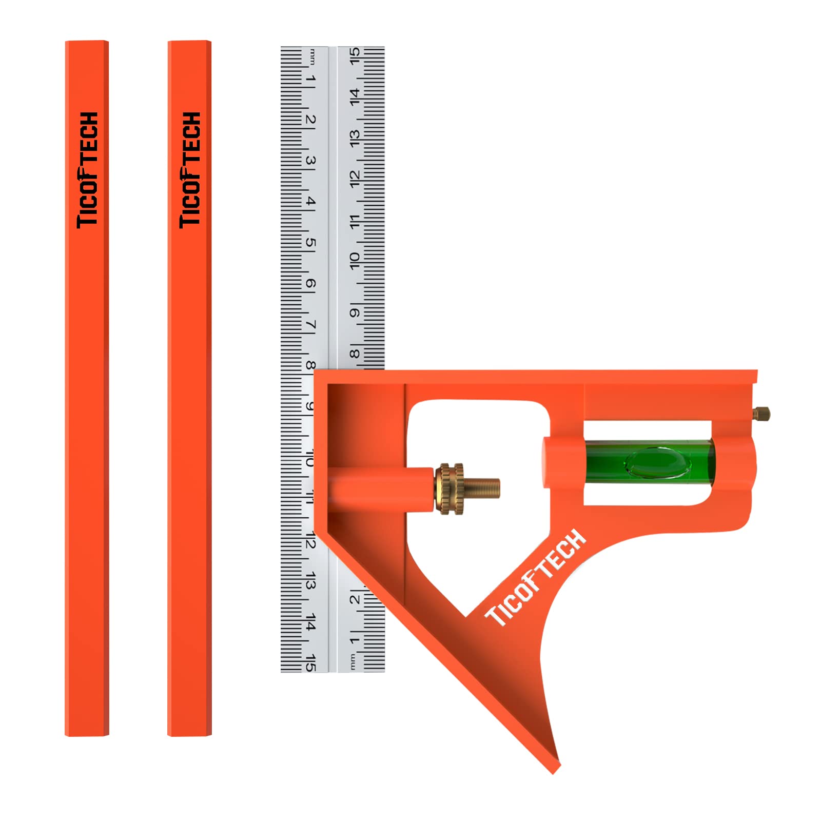 TICOFTECH Combination Square, 6 Inch/150mm, Set Square, Stainless Steel Ruler, Protractor Level Measure Measuring Set with Carpenter Pencils