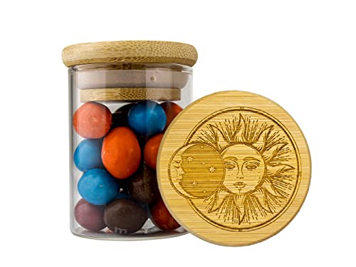 Sun and Moon 60ML Glass Food Storage Container and Decorative Engraved Air Tight Bamboo Lids Multi-Use Jar Herbs, Coffee, Tea, Sugar, Candy Apothecary Accessories for The Bedroom Kitchen Pantry