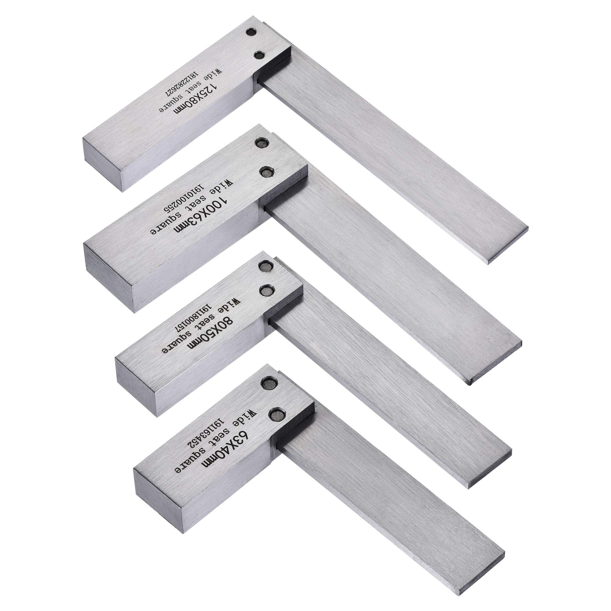uxcell Machinist Square Set 2.5/3.15/4 / 5 Inch (63/80/100/125mm), Woodworking Try Square Wide Seat Solid Steel Squares, 4pcs in 1 Set