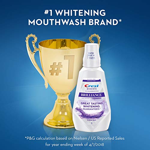 Crest 3D White Brilliance Whitening Mouthwash, Alcohol Free, Clean Mint, 1L (33.7 fl oz), Pack of 6