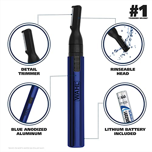 Wahl Lithium Pen Detail Trimmer with Interchangeable Heads for Nose, Ear, Neckline, Eyebrow, & Other Detailing β Rinseable Blades for Hygienic Grooming & Easy Cleaning β Blue β Model 5643-400
