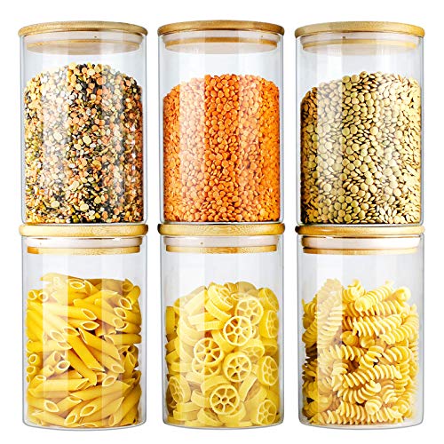 EcoEvo Glass Jars with Bamboo Lids (27oz in 6 Pack), Glass Food Jars and Canisters Sets, Glass Food Storage Jars with Airtight Lids, Glass Canisters with lids, Glass Pantry Jars, Glass Jars with Lids.