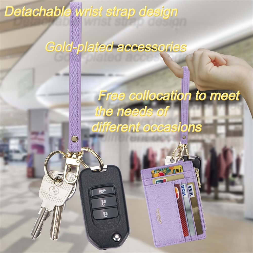 Wikavanli Women Slim Rfid Blocking Credit Card Case Holder Wristlet Zip ID Case Wallet Small Compact Leather Wallet Coin Purse with Keychain (Light Purple a)