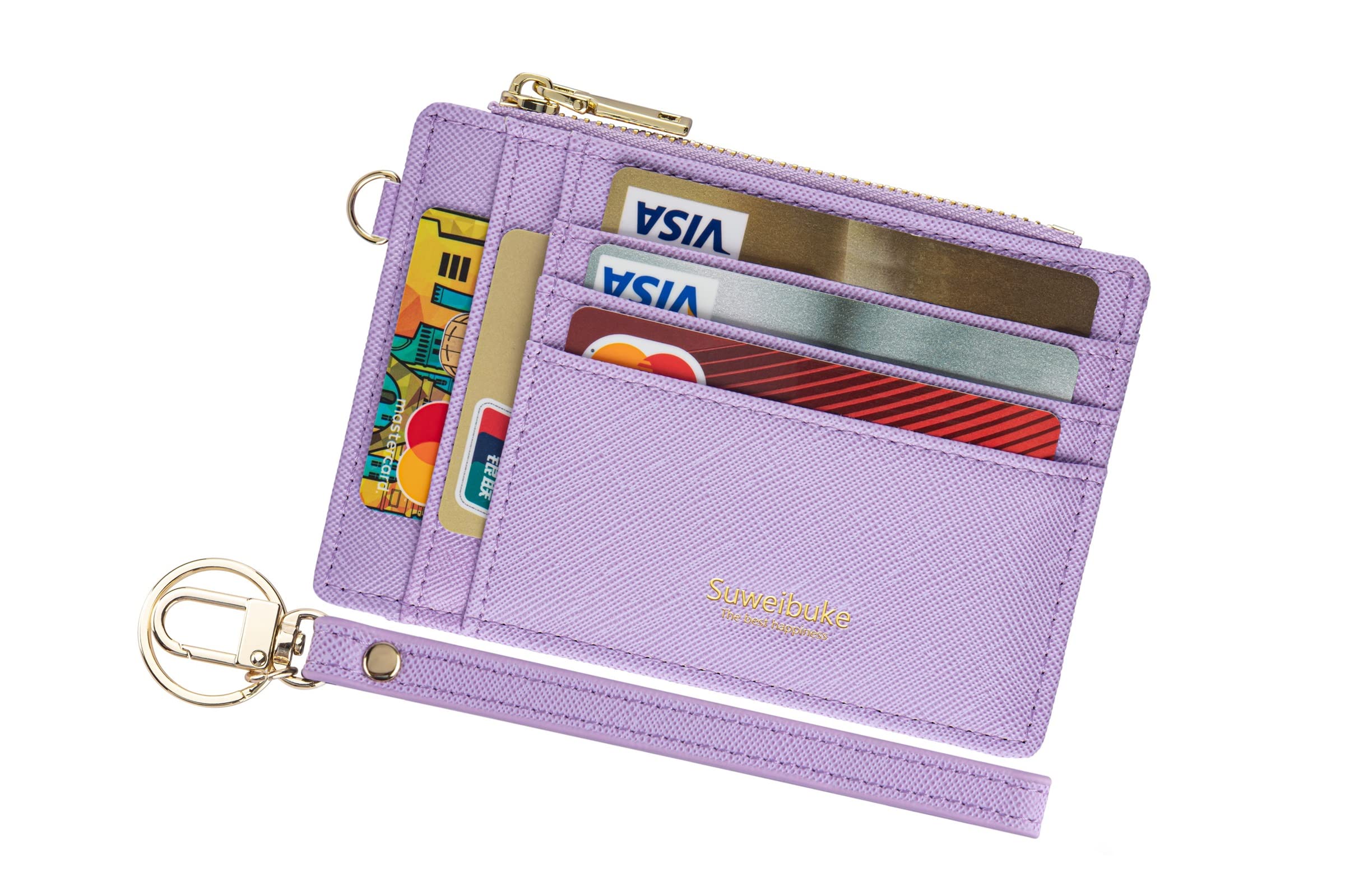 Wikavanli Women Slim Rfid Blocking Credit Card Case Holder Wristlet Zip ID Case Wallet Small Compact Leather Wallet Coin Purse with Keychain (Light Purple a)