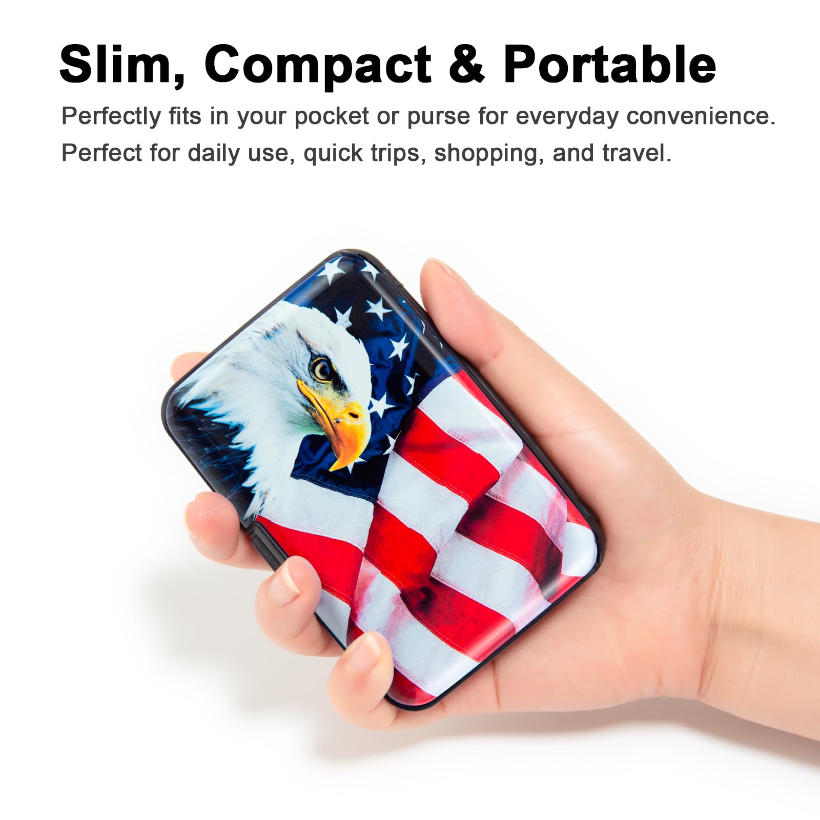 Kaabao Credit Card Holder, RFID Blocking Small Metal Credit Cards Holder Wallet for Women Men Business Aluminum Protector Sleeves Slim Case (Bald Eagle on American Flag)