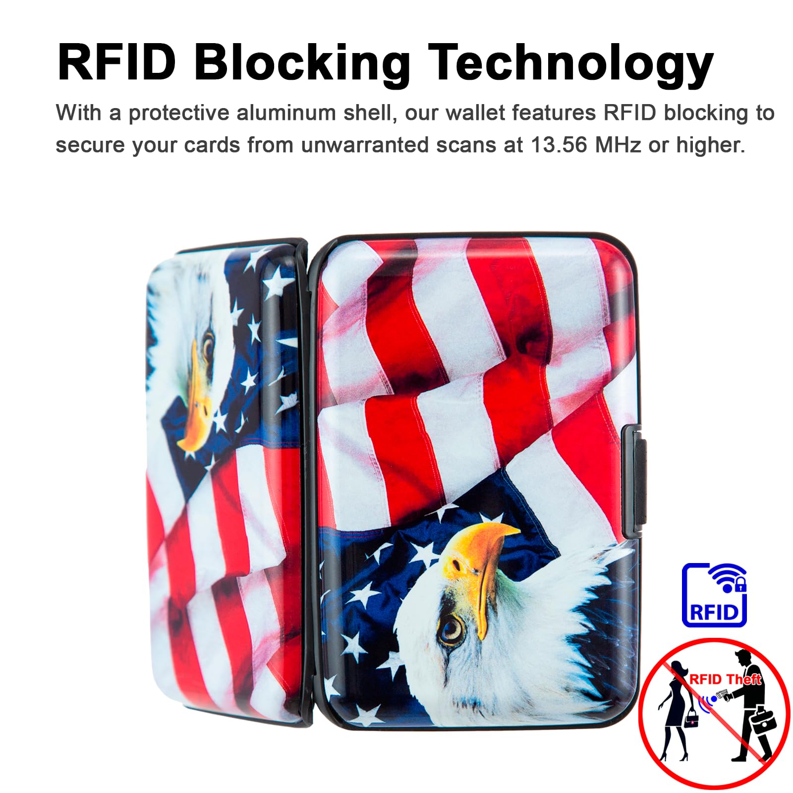 Kaabao Credit Card Holder, RFID Blocking Small Metal Credit Cards Holder Wallet for Women Men Business Aluminum Protector Sleeves Slim Case (Bald Eagle on American Flag)