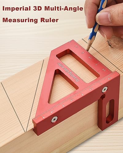 BOXmime Imperial 3D Multi-Angle Measuring Ruler,45/90 Degree Aluminum Alloy Woodworking Square Protractor, Miter Triangle Ruler High Precision Layout Measuring Tool