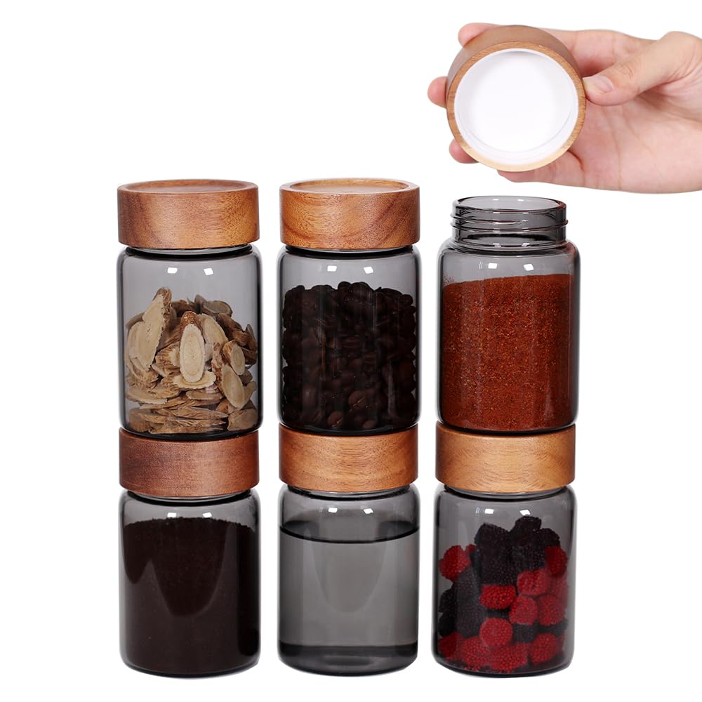 SAIOOL 6 Pcs Small Grey Glass Spice Jars with Label,High Sealing Threaded Mouth, 8.79oz /260ml*6,Empty Cylinder Spices Bottles,Storage Jars with Airtight Screw Lids,Retro Style