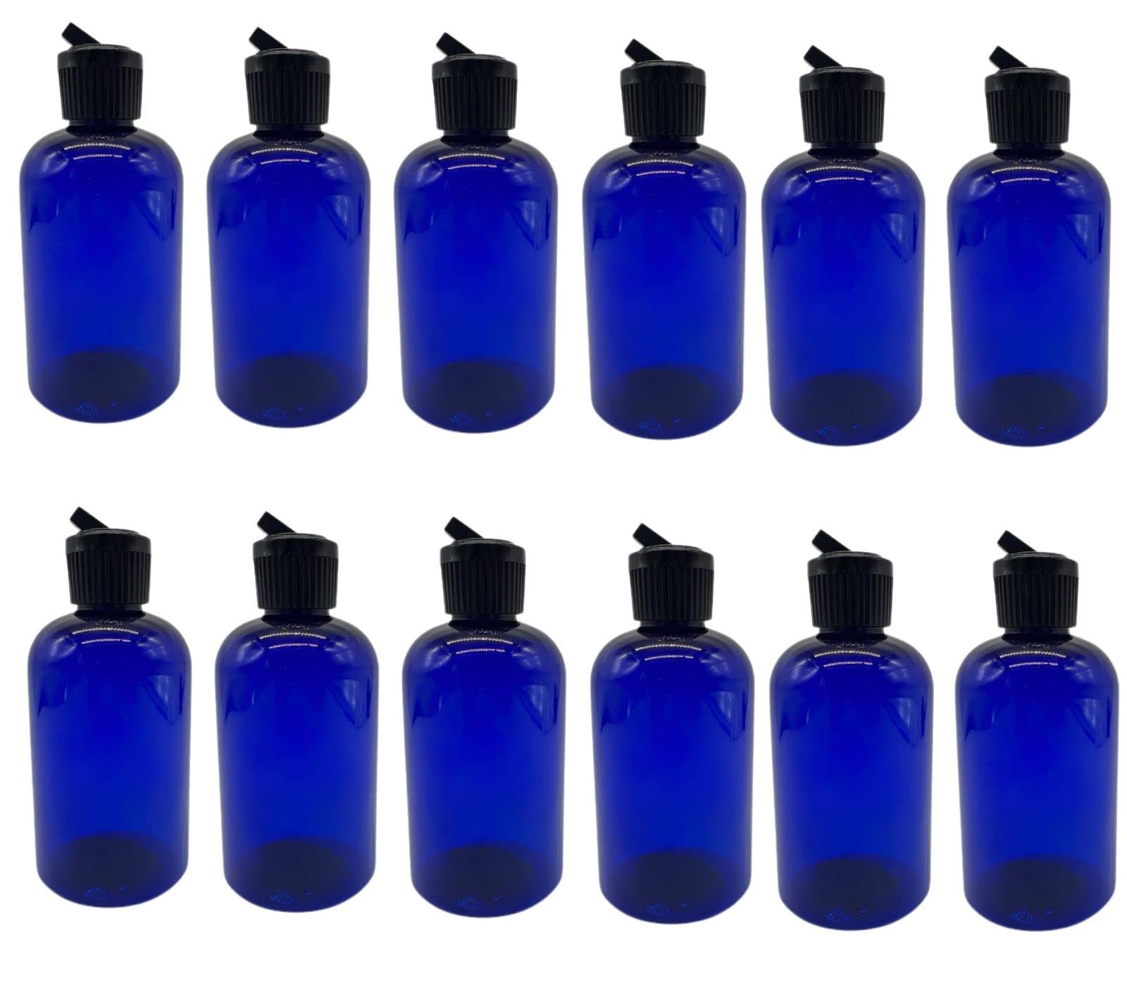 Natural Farms 4 oz Blue Boston BPA FREE Bottles - 12 Pack Empty Refillable Containers - Essential Oils Cleaning Products - Aromatherapy | Black Spout Cap - Made in the USA