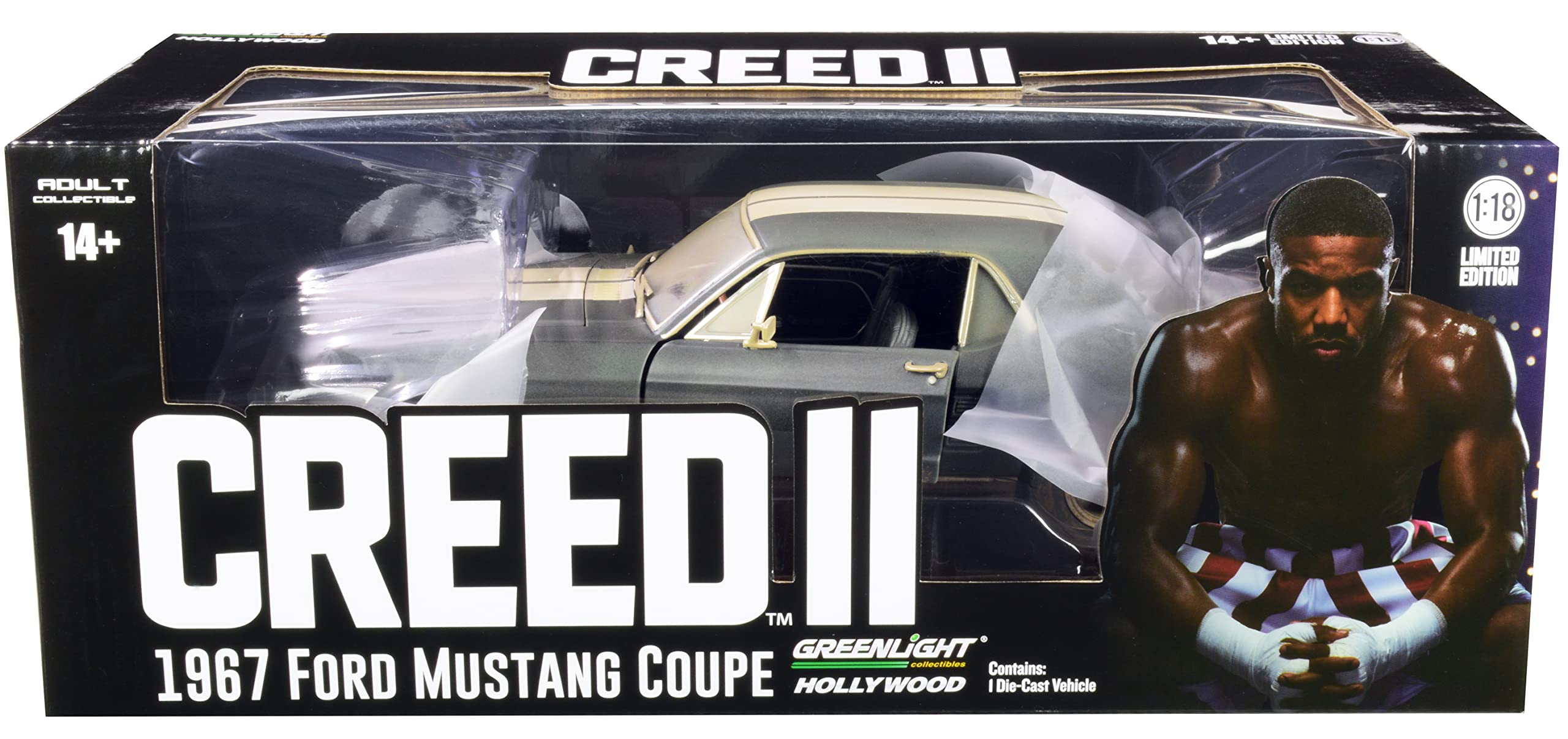Greenlight 1967 Coupe Matt Black with White Stripes (Weathered) (Adonis Creed's) Creed II (2018) Movie 1/18 Diecast Model Car 13626