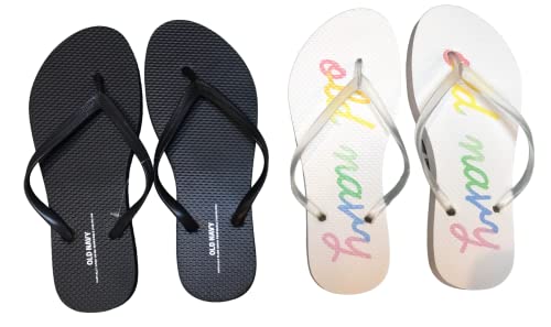 Old Navy Women Beach Summer Casual Flip Flop Sandals (8 White Script Logo & Black Flip Flops) with Dust Cover