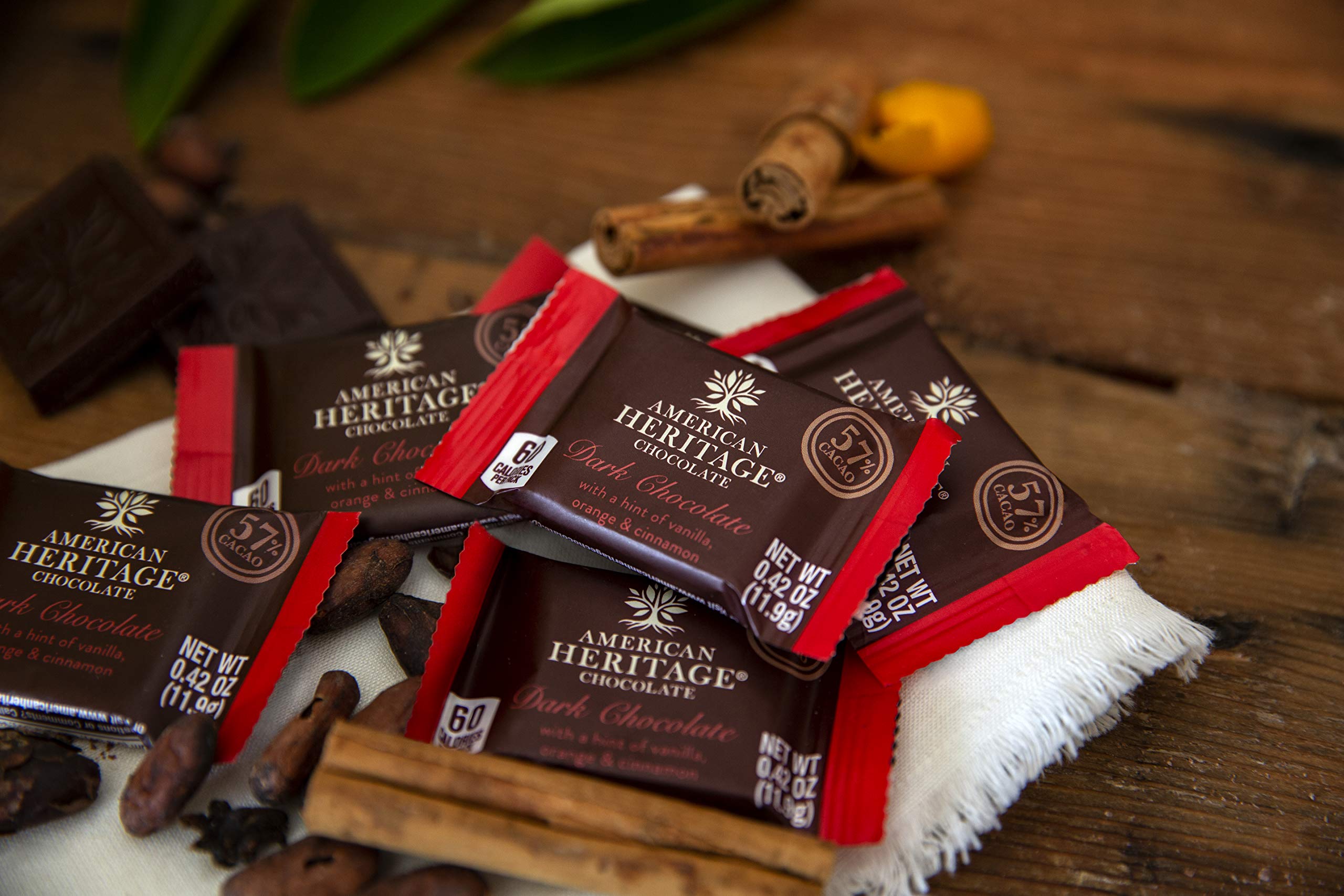 American Heritage Chocolate - 36 Artisanal Tasting Squares - 57% Cacao Dark Chocolate with a Hint of Vanilla, Orange, and Cinnamon