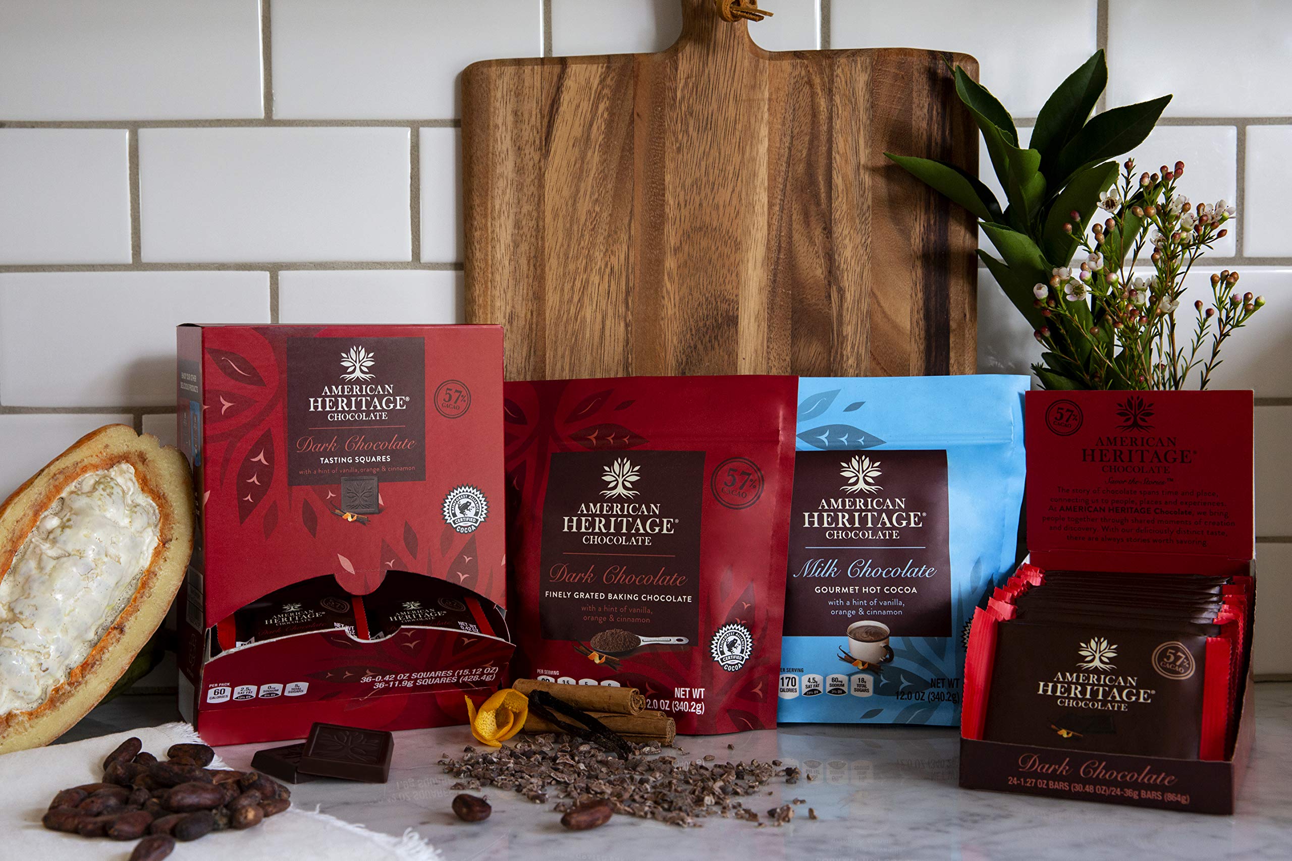 American Heritage Chocolate - 36 Artisanal Tasting Squares - 57% Cacao Dark Chocolate with a Hint of Vanilla, Orange, and Cinnamon