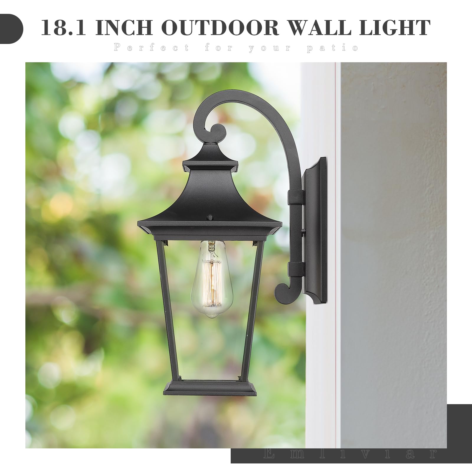 Emliviar Outdoor Wall Lantern, 1-Light Exterior Wall Mount Light with Clear Glass in Black Finish, 18" Height, 500181