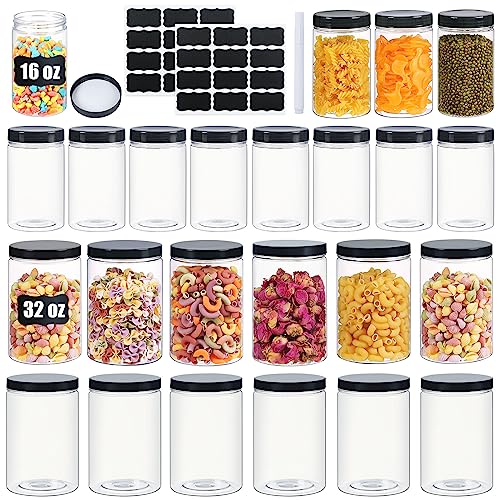 OUSHINAN 24 Pack Clear Plastic Jars - 32oz & 16oz Plastic Containers with Black Screw-0n Llids Reusable Storage Jars ldeal for Kitchen and Household Organization (lncludes 24 Labels and 1 Pen)