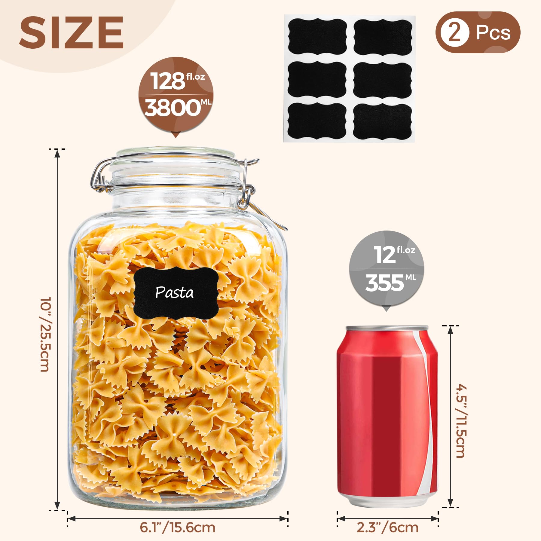 ComSaf 1 Gallon Glass Jar with Lid, 128oz Glass Jars with Airtight Lid Set of 2, Square Mason Jars, Large Storage Containers with Lids for Canning, Fruit juice, Flour, Sugar, Rice, Pickled Egg
