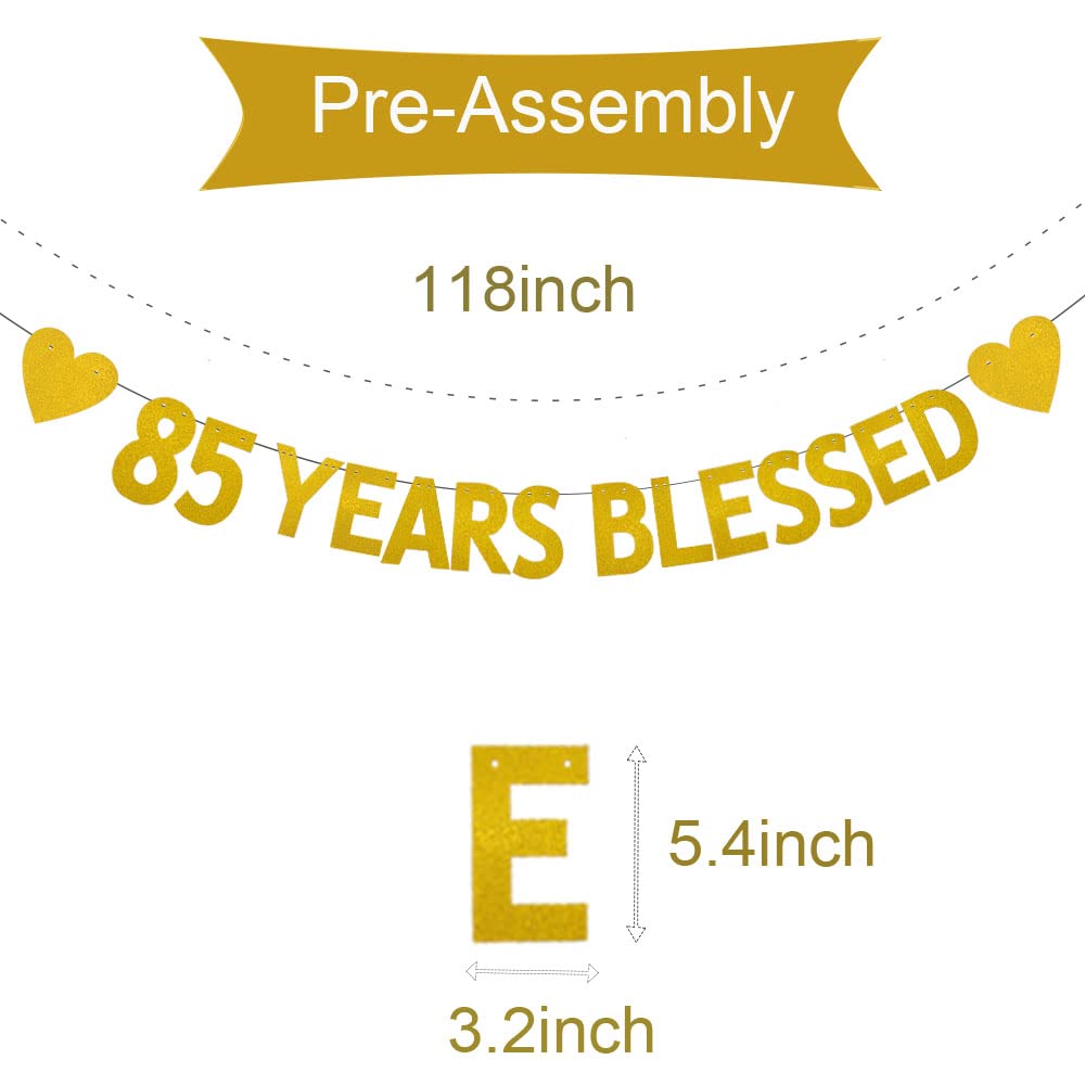 XIAOLUOLY Gold 85 YEARS BLESSED Glitter Banner,Pre-Strung,85th Birthday / Wedding Anniversary Party Decorations Bunting Sign Backdrops,85 YEARS BLESSED