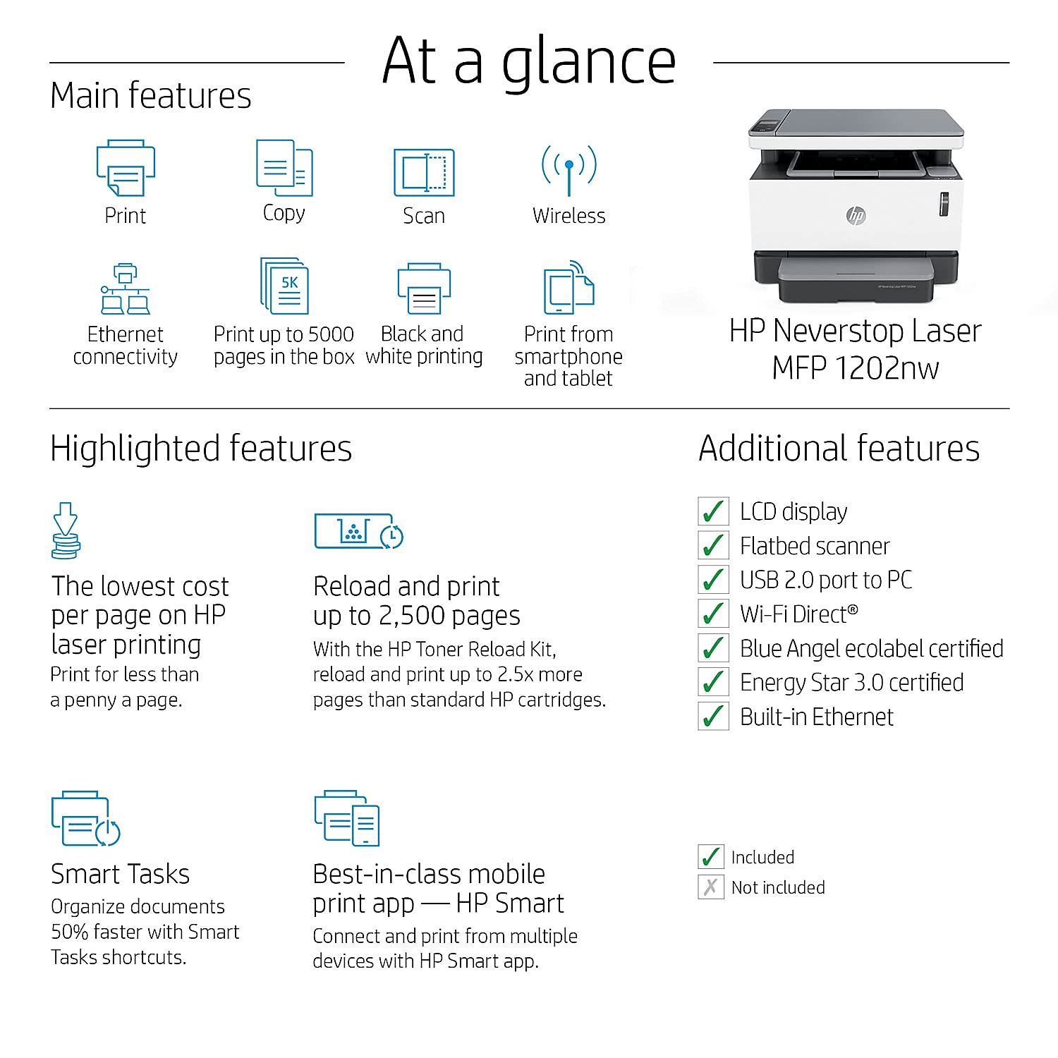 HP Neverstop Laser MFP 1202w Wireless Monochrome All-in-One Printer with cartridge-free toner tank, comes with up to 5,000 pages of toner in the box (5HG92A)