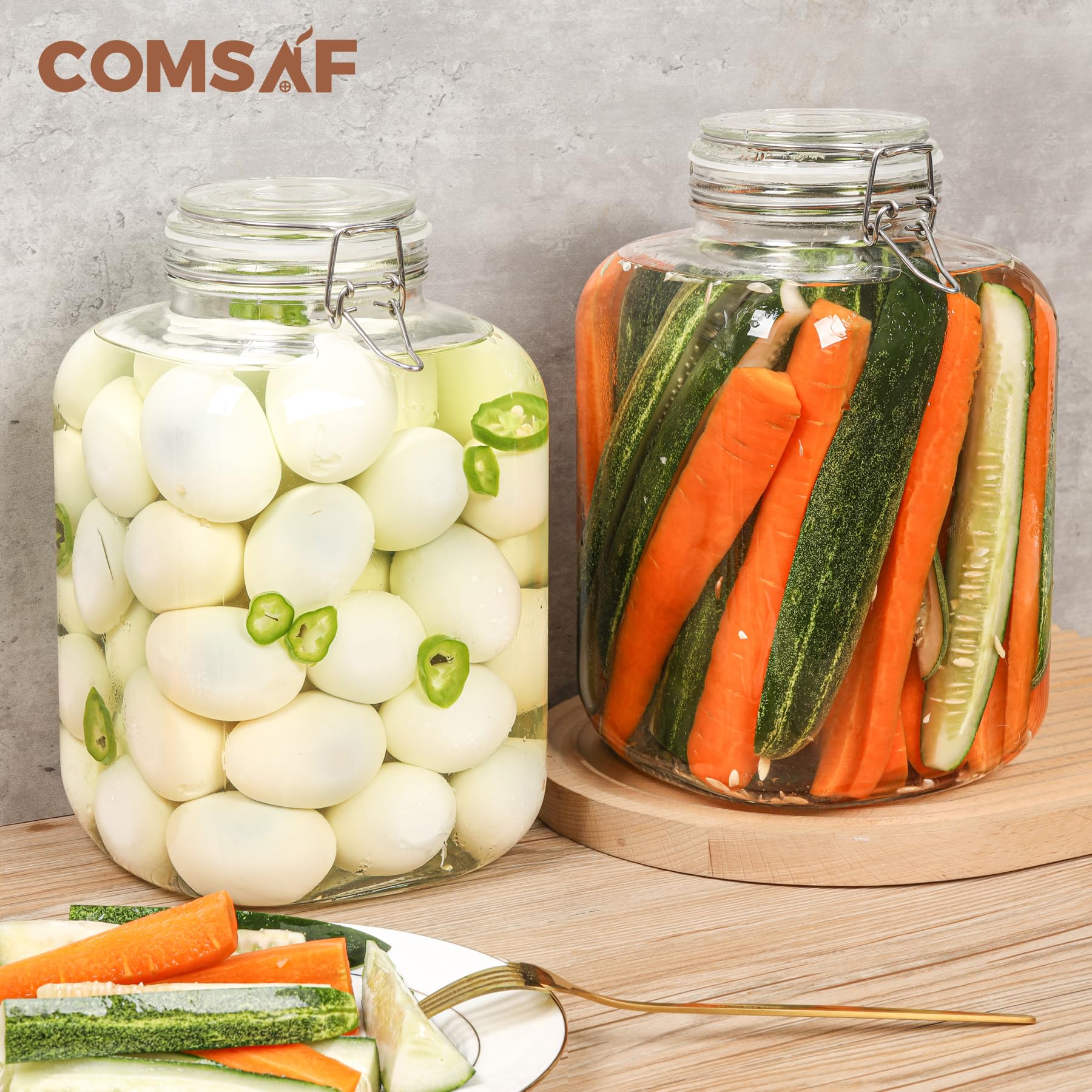 ComSaf 1 Gallon Glass Jar with Lid, 128oz Glass Jars with Airtight Lid Set of 2, Square Mason Jars, Large Storage Containers with Lids for Canning, Fruit juice, Flour, Sugar, Rice, Pickled Egg