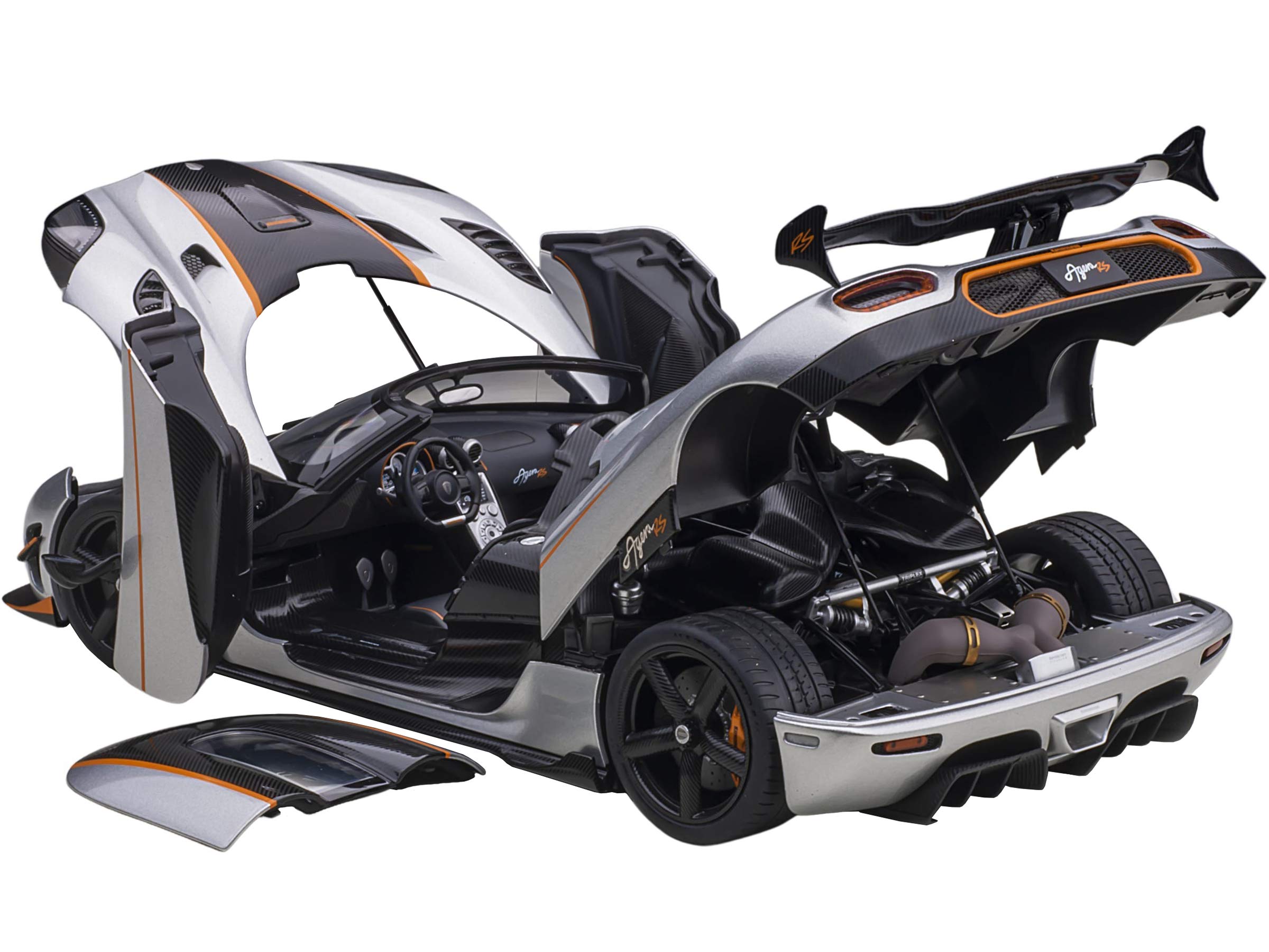 Auto Art Models Koenigsegg Agera RS Moon Silver with Carbon and Orange Accents 1/18 Model Car by Autoart 79024