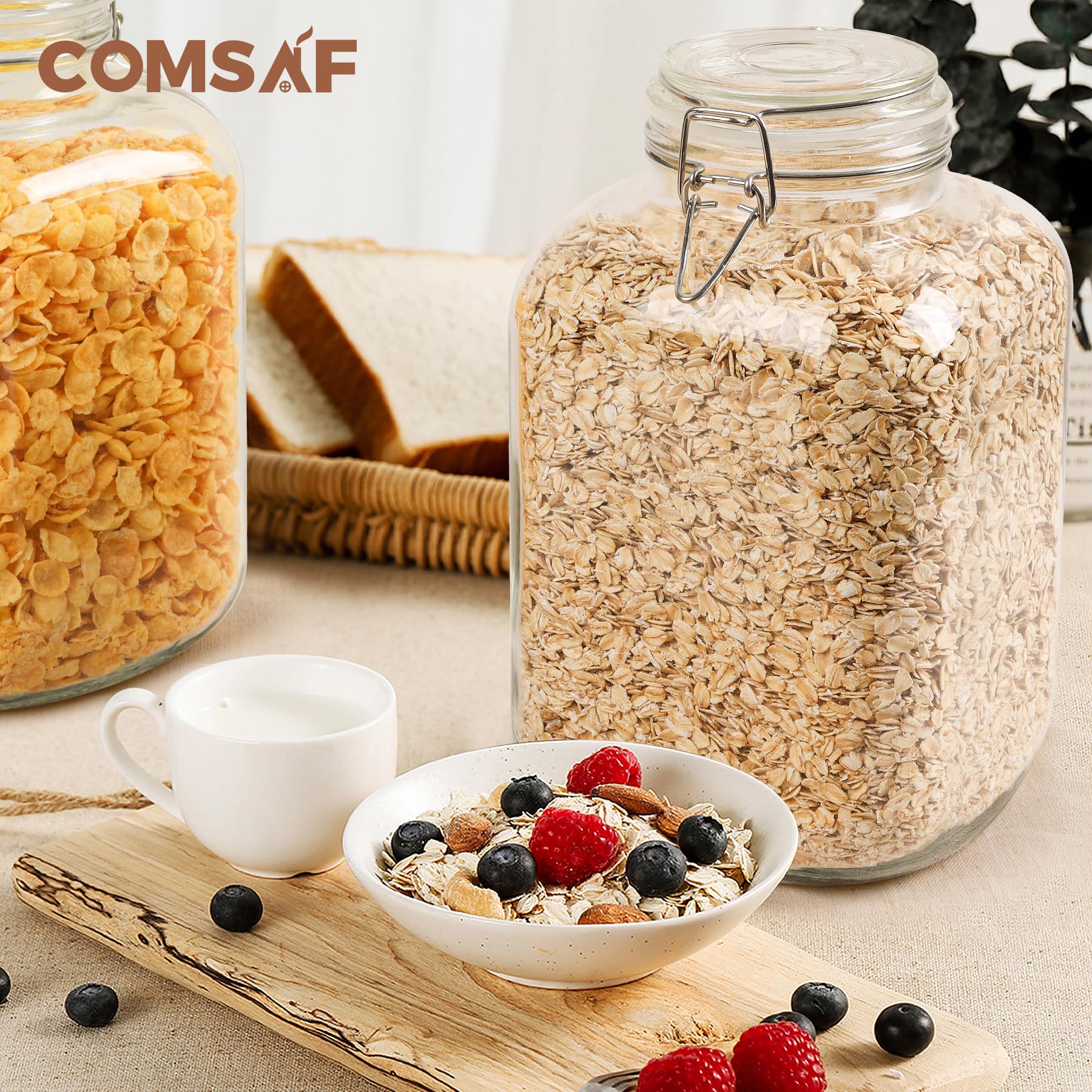 ComSaf 1 Gallon Glass Jar with Lid, 128oz Glass Jars with Airtight Lid Set of 2, Square Mason Jars, Large Storage Containers with Lids for Canning, Fruit juice, Flour, Sugar, Rice, Pickled Egg